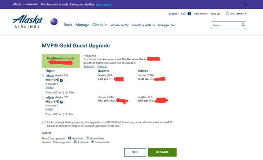 How to use an Alaska Airlines MVP Gold Guest Upgrade - Upgraded to Economy